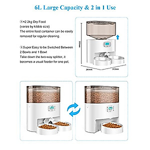 Automatic Cat Feeder, HoneyGuaridan 6L Pet Feeder for 2 Cats & Dogs, Auto Cat Dry Food Dispenser with Desiccant Bag, Timer Feeder Portion Control 1-6 Meals per Day, Dual Power Supply, Voice Recorder