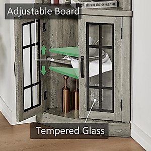 AMERLIFE Curved Corner Storage Cabinet, 65" Tall Freestanding Bookcase with Glass Doors & Adjustable Shelves, 5-Tier Corner Display Cabinet for Living Room, Bathroom, Laundry Room, Washed grey