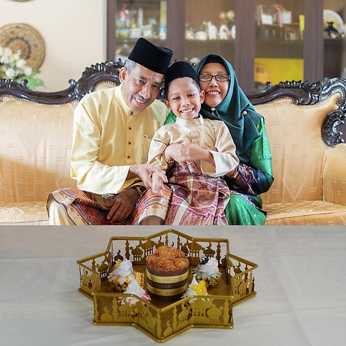 WYHFA Eid Mubarak Plate Iron Serving Tray, Ramadan Food Serving Tray Plate Dessert Pastry Candy DIY Display Tray for Eid Mubarak Party Decoration