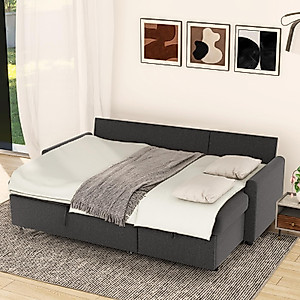 IULULU L Shaped Sectional Sofa, Convertible Sleeper with Pullout Bed, Storage Chaise, 2 in 1 Pull Out Couch for Living Room, Apartment, Grey