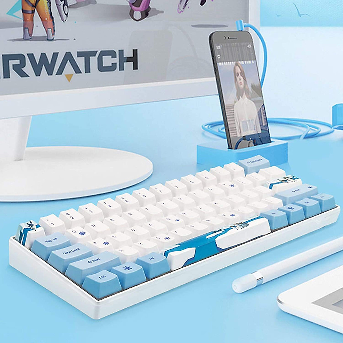 ZMX Blue Penguin 61 Mechanical Keyboard,Hot Swappable 60％Compact Mechanical 5.0Bluetooth/Type-C Wired Dual-Mode RGB Backlit Dye-Sublimation PBT Keycap Gaming Keyboard（Blue Switch）