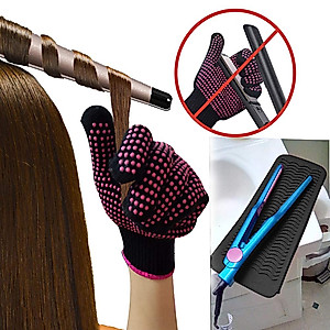 Heat Resistant Silicone Mat and Glove Set for Hair Straighteners and Flat Irons - 11" x 6" Mat, 8.7" x 5.2" Bump Glove, Black