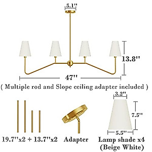 Electro bp;47" W 4-Light Linear Kitchen Island Lighting Fixture Classic Chandeliers Polished Gold with White Linen Shades 160W