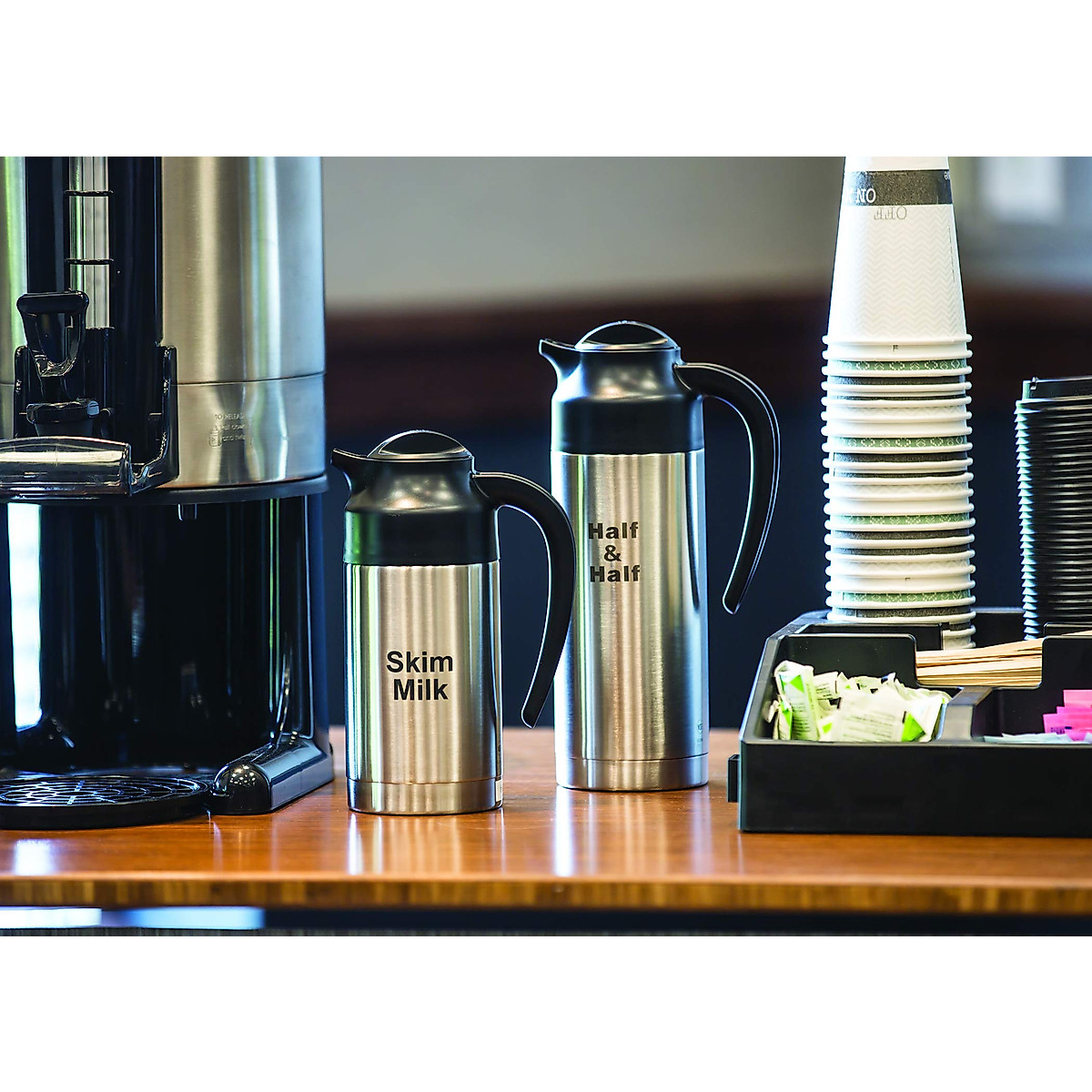 Service Ideas SSN100HHET Steelvac Carafe, Half & Half" Etched, 1 L, Black Base