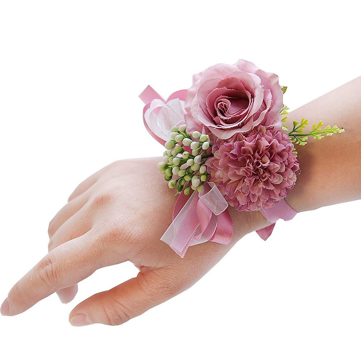 Axnhbubu 4Pcs Bridesmaid Purple Wrist Corsage Bracelet Wristlet Band Bridal Dusty Rose Corsage Girl Women Hand Flowers Boutonnieres for Wedding Prom Party Decorations