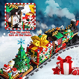 Christmas Train Set Building Blocks with Rotating Christmas Tree, Electric Music Steam Train Building Kit with Remote Control Birthday for Kids Teens Adults (1296+ pcs)