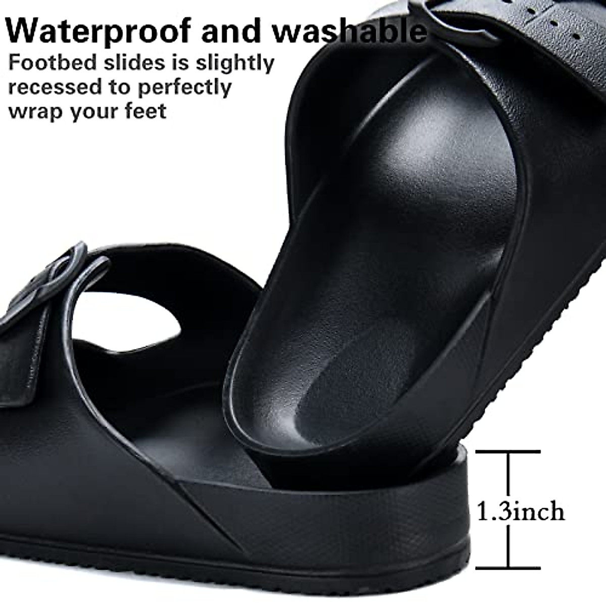 Temi Mens Slides Adjustable Slip on Sandals,Summer Beach Pool Shower EVA Sandals for Men,Double Buckle Lightweight Waterproof Comfy Bathroom Flat House Slippers for Men Size