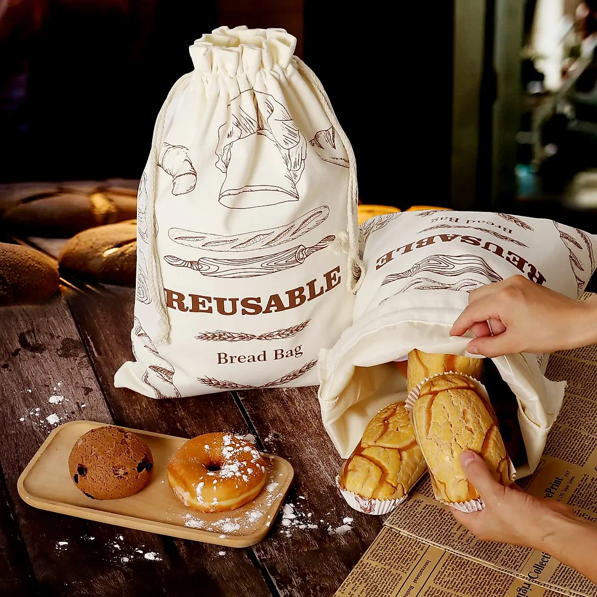 Bread Bags for Homemade Bread, 2 Pack Reusable Bread Bags, Linen Bread Bag with Plastic Liner for Sourdough & Bread Storage