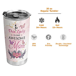 20oz Jewelry Crystal Butterfly Mom Tumbler, This Lady is one Awesome Mom, Mother, Grandma Gifts, Coffee Thermos for Women, Stainless Steel Double Wall Vacuum Insulated Coffee Mug, Travel Cup with Lid