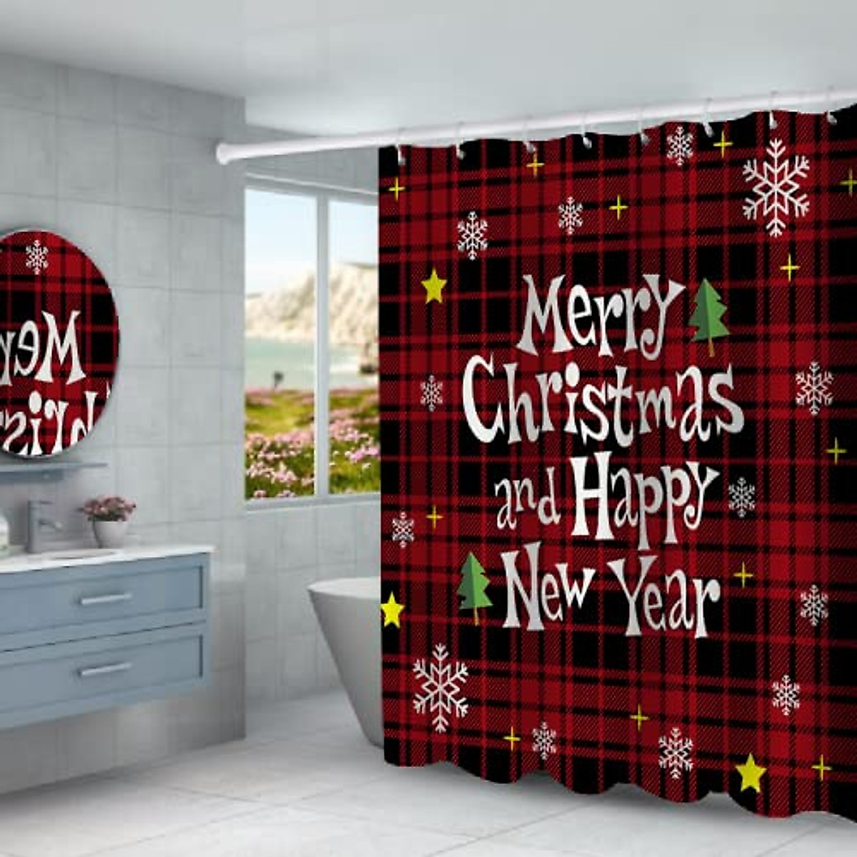 4 Pcs Christmas Red Buffalo Plaid Shower Curtain Set with Rugs, Toilet Lid Cover Bath Mat ,Christmas Shower Curtain with 12 Hooks,65 x 70 Inches Waterproof Christmas Shower Curtain for Bathroom Set