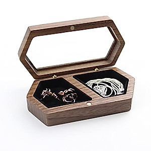 Wooden Ring Box Transparent Lid Couple Rings Box for Engagement Wedding Box Two Slots Black Velvet Small Jewelry Box for Stud Earrings Bracelet Necklace
