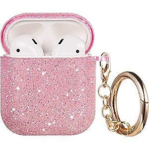 Bling Airpods Case, Cute Glitte Diamond Airpod 1st/2rd Case Cover for Girls Women, Rhinestone Airpods Protective Case with Keychain, Scratch Proof and Drop Proof (Pink)