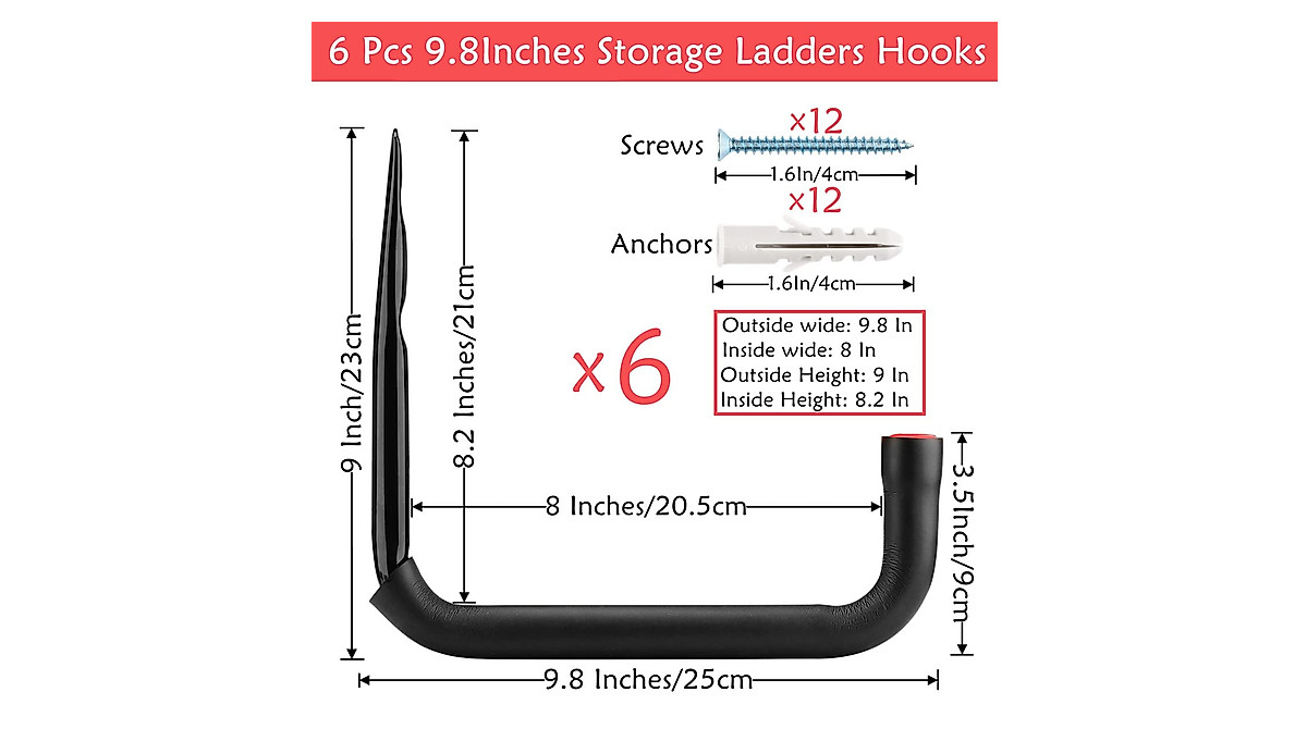 Naikozmo Garage Storage Ladders Hooks - 6 Pack Heavy Duty
