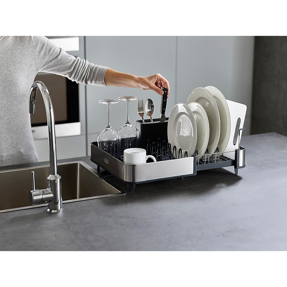 Joseph Joseph Stainless-Steel Extendable Dual Part Dish Rack Non-Scratch and Movable Cutlery Drainer and Drainage Spout, One-size, Gray