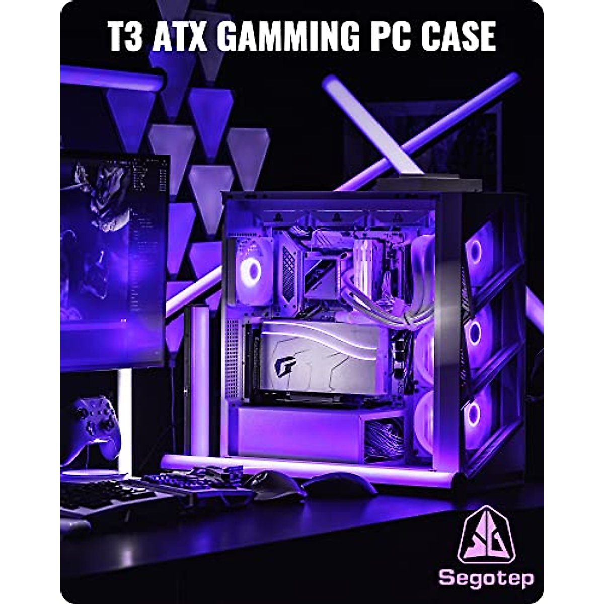 Segotep T3 White Mid-Tower ATX Gaming PC Case, Support Top & Side 360mm Radiators, GPU Snap-On Opening & Closing Front Panel, Type-C Ready, Tool-Free Disassemble (Pre-Install One ARGB & PWM Fan)