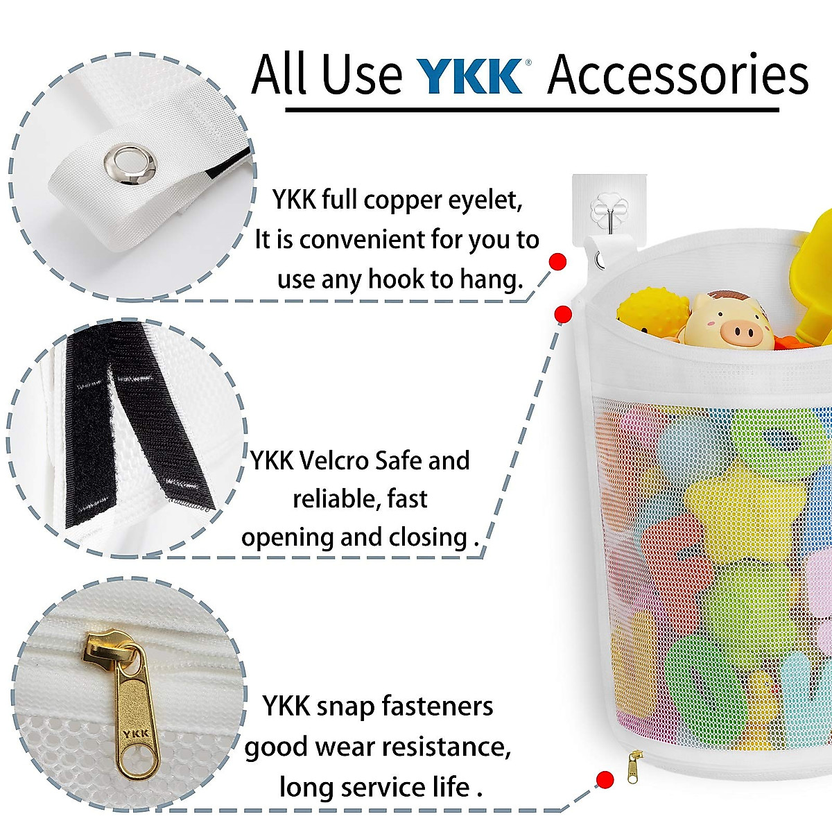 FHDS Clever Zippered Mesh Bath Toy Organizer, Multiple Ways to Hang, Ultra Large Capacity & Large Opening, Multi Use Bathtub Toy Storage Bag ( Large, White )