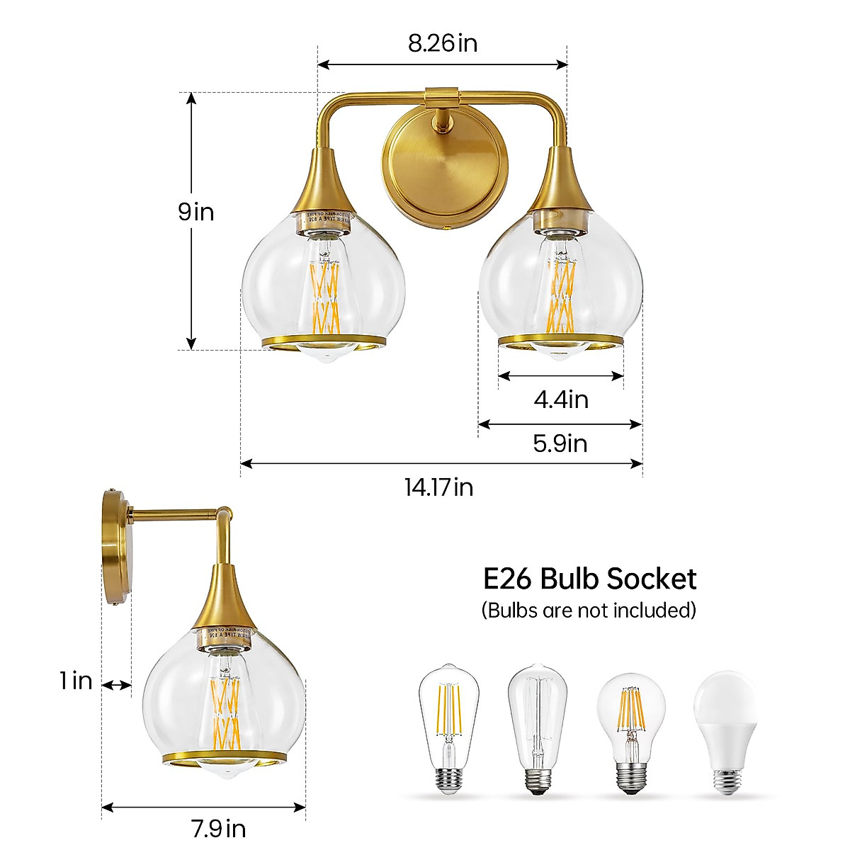 HAHZT Gold Bathroom Light Fixtures 2-Lights Vanity Lights with Clear Glass Shade Bathroom Vanity Light 14 Inch Wall Sconces(Exclude E26 Bulb)…