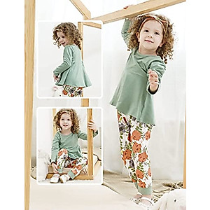 bilison Toddler Baby Girl Clothes Solid Color Ruffle Tops Floral Pants with Headband Outfit Set