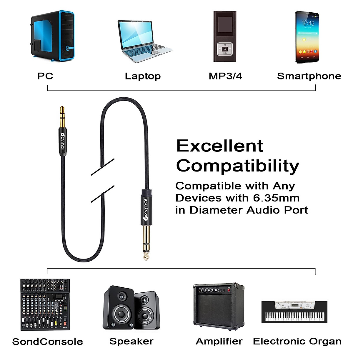 Devinal 1/8 to 1/4 Stereo Cable, 6.35mm to 3.5mm TRS Audio Path Cord, Interconnect Adapter Lead with Extra Durable Nylon Braid Gold Plated 10 Feet