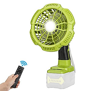 WaxPar For Ryobi Fan Cordless Battery Fan, for Ryobi 18V Fan Battery Operated Fan for Camping with LED Light Compatible with Ryobi 18V one+ Li-Ion Battery, Remote, 3 Wind/Brightness Modes, Timer