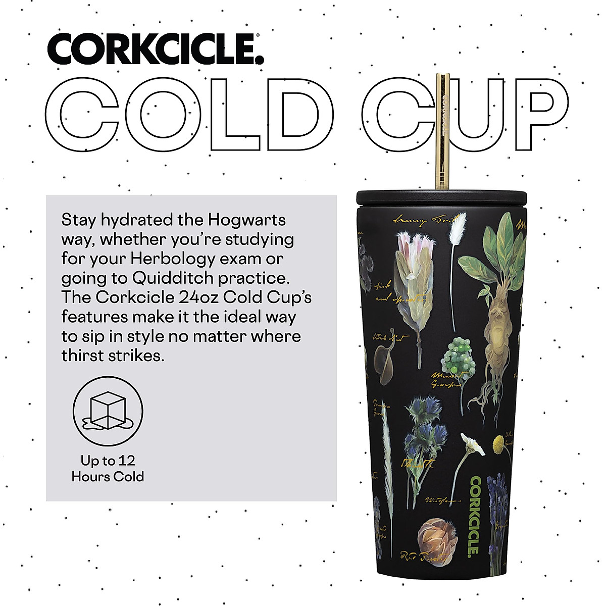 Corkcicle x Warner Brothers Harry Potter Herbology Cold Cup Insulated Tumbler with Lid and Straw, 24 oz – Water Bottle Keeps Drinks Cold 12hrs, Hot 5hrs – Cupholder Friendly, Flexible Sipping Lid