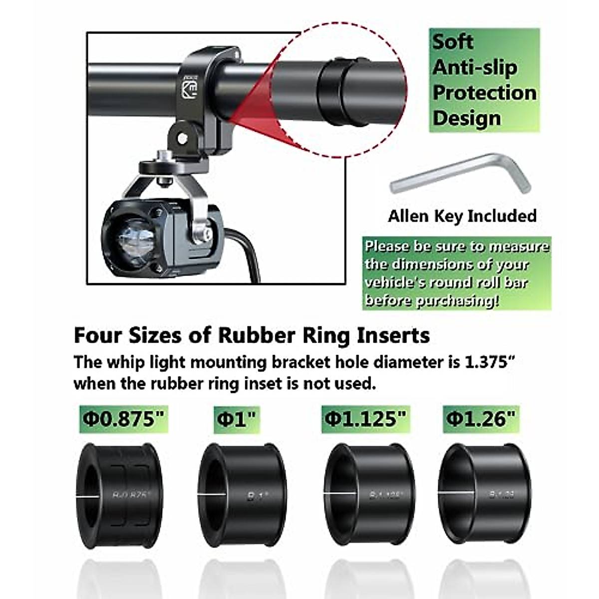 ATV Whip Light Mount, Sturdy Aluminum Alloy Whip Flag Mount, 360° Rotating Adjustable Light Bar Mount for ATV Motorcycle 0.75"/0.875"/1"/1.125"/1.26"/1.375" Tubular Bars and Handlebars (1 pc Black)