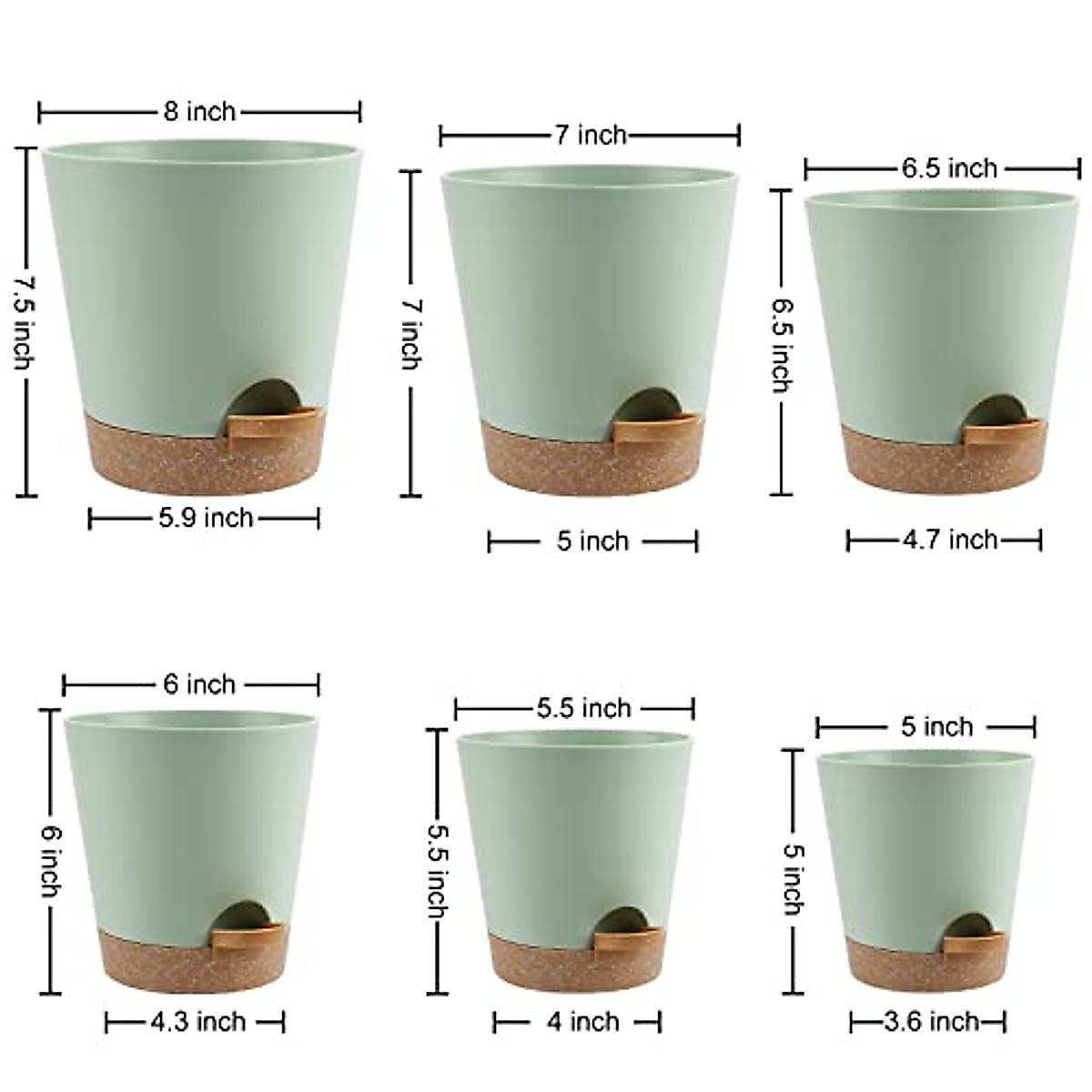 YNNICO Indoor Self Watering Planters with Drainage Holes and Saucers, 8, 7, 6.5, 6, 5.5, 5 Inches, Green, 6 Pots