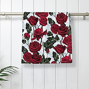 Floral Red Roses Small Hand Towel Kitchen Soft Microfiber 27.5'' X 15.7'' Multipurpose Fancy Flowers and Leaves Hand Towel for Bathroom