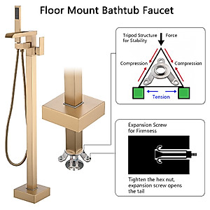 PROOX Freestanding Bathtub Faucet Floor Mounted, High Flow Free Standing Tub Filler with Hand Sprayer, Swivel Spout - Brushed Gold