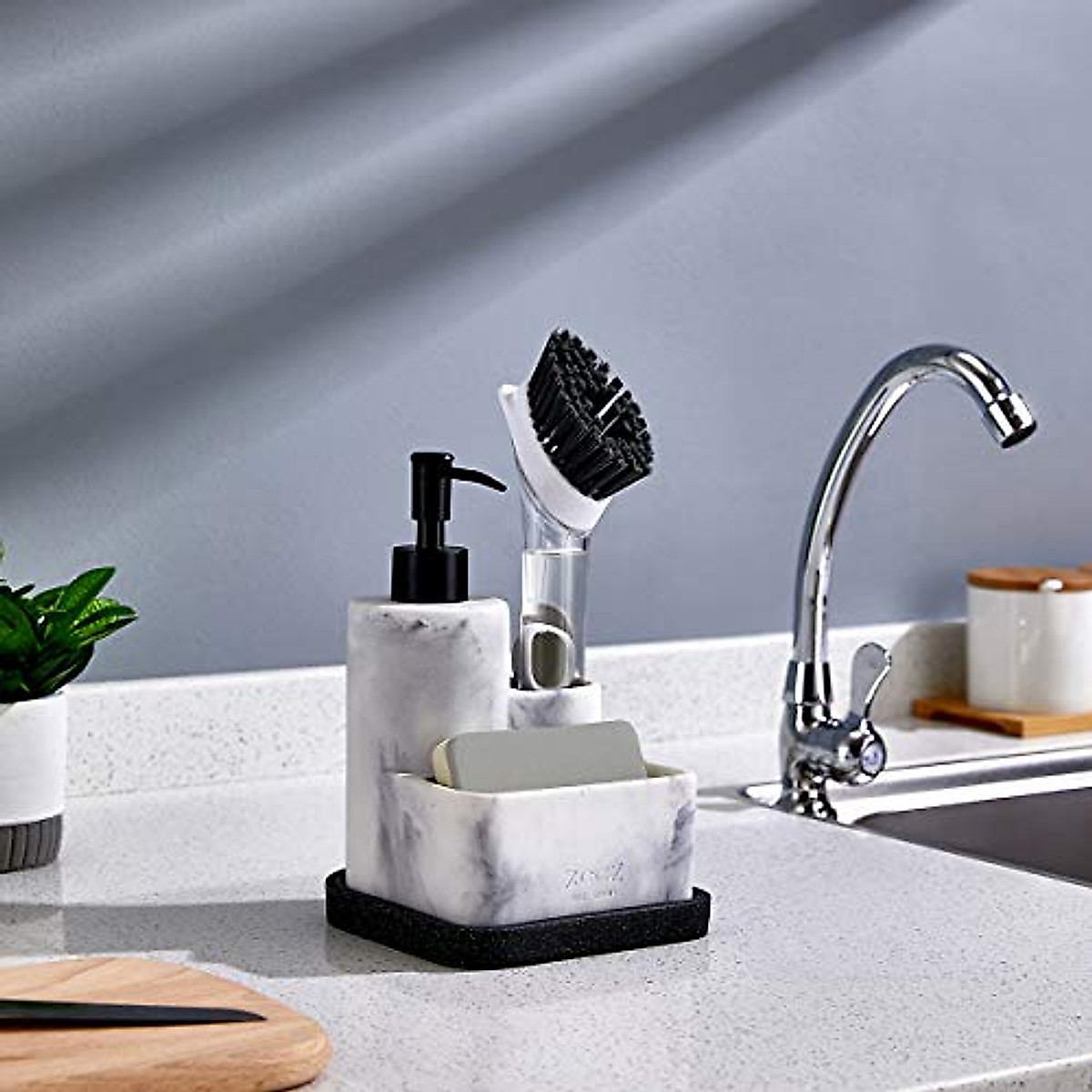 ZCCZ White Soap Dispenser with Sponge Holder, Kitchen Soap Dispenser Pump, Sponge Caddy and Brush Holder 3 in 1 Set Organizer for Sink Countertop, Removable Tray, Marble Look
