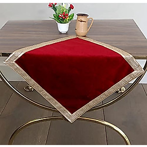 Indian Consigners Red Velvet Cloth With Golden Shinny Border, Aasan Pooja Puja Cloth Poojan Table Cloth Holy Square Tarot Altar Tablecloth