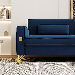 Velvet Sofa Couch Mid Century Modern Upholstered 3-Seater Loveseat with 2 Pillows and Armrest for Living Room, Apartment and Small Space, Retro Blue
