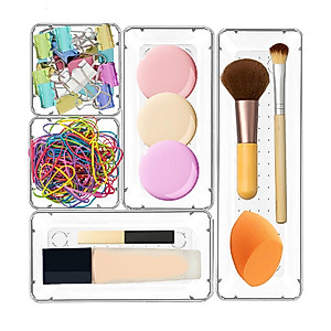 Fodofodo 6 Pack Clear Drawer Organizer Set,Versatile Bathroom and Vanity Organizer Trays,Acrylic Drawer Storage Trays,Storage Bins for Makeup Jewelries,Cosmetics,Gadgets,Kitchen Utensils and Office