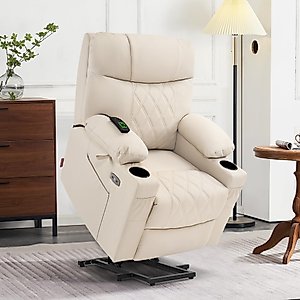 MCombo Small Power Lift Recliner Chair Sofa with Massage and Dual Heating, Adjustable Headrest for Elderly People Petite, USB Ports, Fabric 7111 (Single Motor, Cream White)