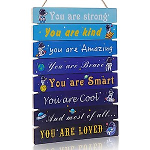 Baihui Outer Space Wall Decor Funny Spaceman Wall Art for Boys Room Inspirational Wood Signs for Kids Bedroom Decor Motivational Quote Playroom Nursery Decorations Blue Room Decor