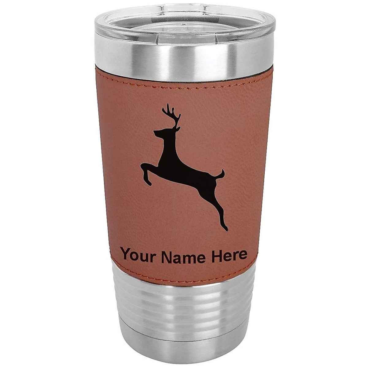 LaserGram 20oz Vacuum Insulated Tumbler Mug, Deer, Personalized Engraving Included (Faux Leather, Dark Brown)