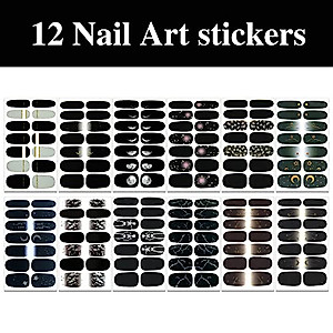 WOKOTO 12 Sheets 168 Pieces Black Nail Polish Stickers Full Nail Wraps for Women Nails Black Gradient Marble Design Gel Nail Strips Stick On Nail Polish Strips Full Nail Stickers Gel Nail Wraps