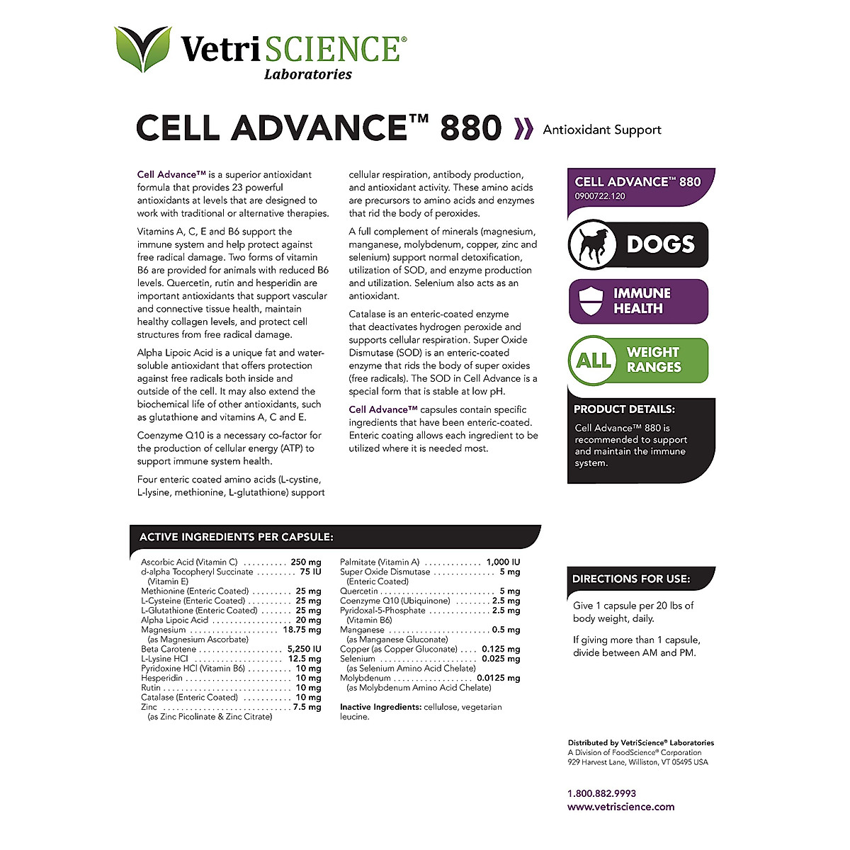 VetriScience Immune Plus Immunity Support for Dogs, 120 Capsules – Immune and Allergy Support Supplement for Dogs Over 30 Pounds - Formerly Cell Advance 880