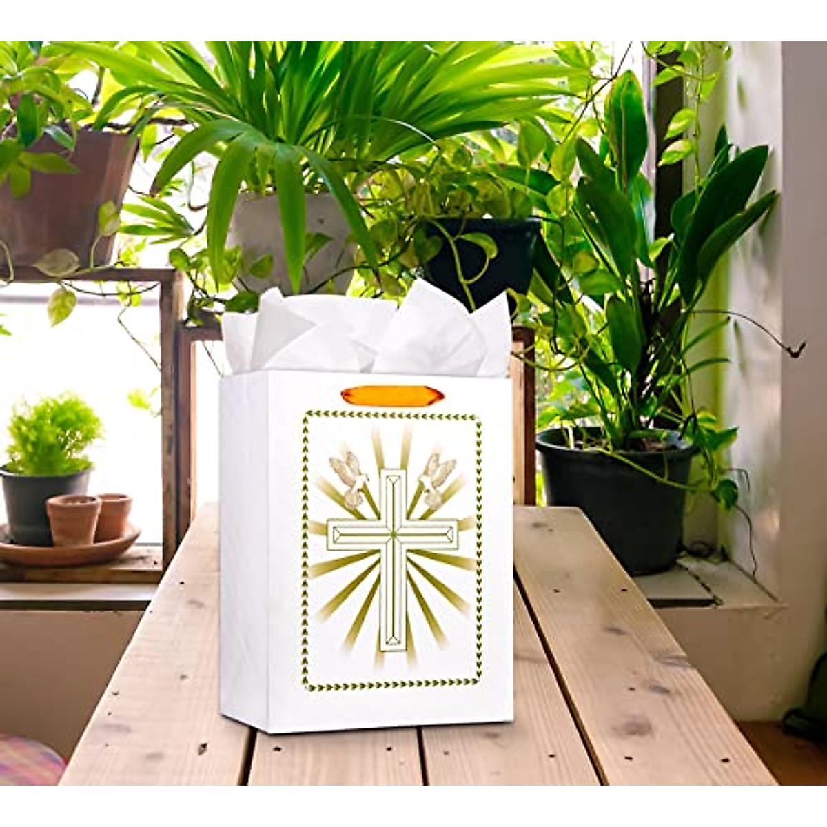 FaCraft 13" Large Gift Bag with Tissue Paper Cross Paper Gift Bags with Handle for Baptism Christenings Confirmations First Communions Religious Wedding,Baptism Gifts Bag for Kids Boys Girl