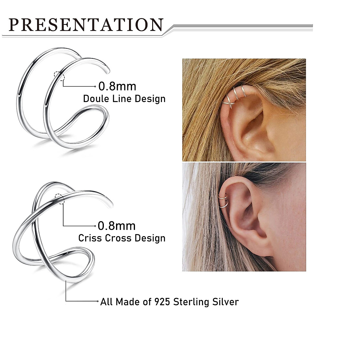 Milacolato 4Pcs 925 Sterling Silver Ear Cuff: Adjustable Non Piercing Minimalist Fake Helix Cartilage Earcuff, Dainty Clip-on Earrings Hypoallergenic with 14K Gold Plating for Women Man-Silver