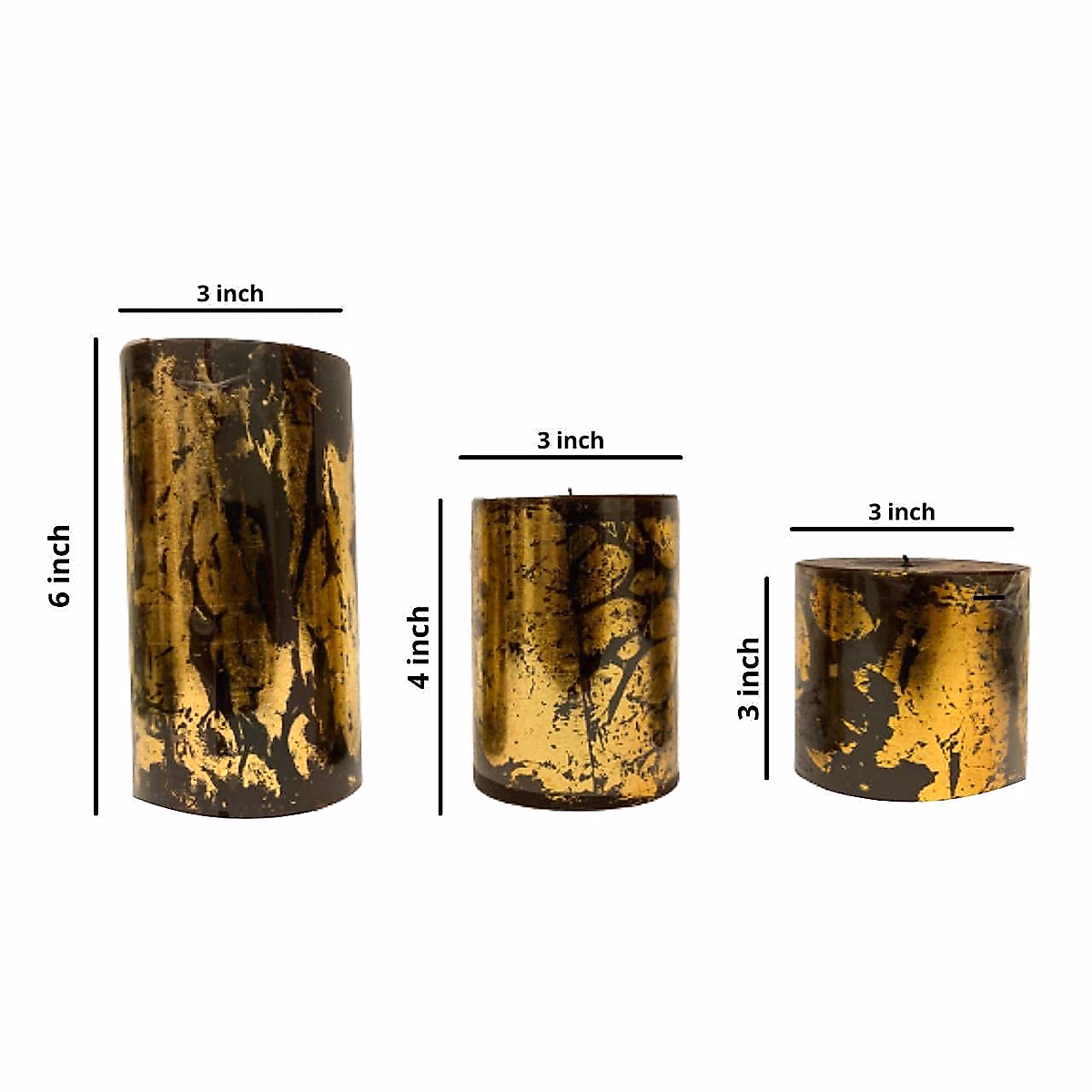 AuraDecor Set of 3 Black Pillar Candles with Gold Finish ( Gift Set , Pack of 3 Candles, 3, 4, 6 inch ), Large