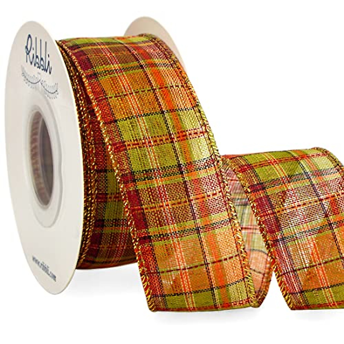 Ribbli Fall Burlap Wired Ribbon with Metallic Edge, 1.5 Inch x 10 Yard,Fall Plaid Ribbon for Big Bow,Fall Wreath,Gift Wrapping, Orange/Burgundy/Green