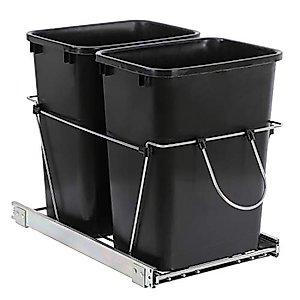 Double 35-Quart Sliding Pull Out Waste Bin Container, Kitchen Trash Can Under Cabinet Trash for Home Base Kitchen Cabinet - 17.5 Gallons