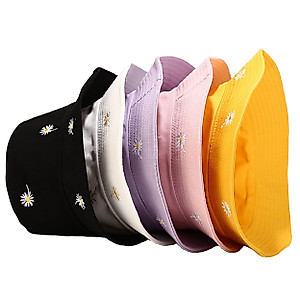 Flower Bucket Hat Daisy Embroidery Reversible Hats Packable Summer Travel Beach Sun Hat Outdoor Cap (White/White)