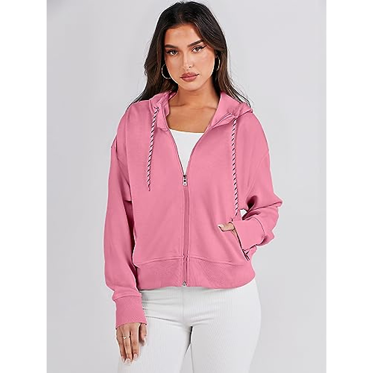 Caracilia Women's Full Zip Up Hoodies Cropped Drawstring Sweatshirts Teen Girl Cute Y2K Lightweight Preppy Pink Hooded Casual Preppy Jackets 2023 Fall Winter Fashion Clothes C114A8-yanfen-XL