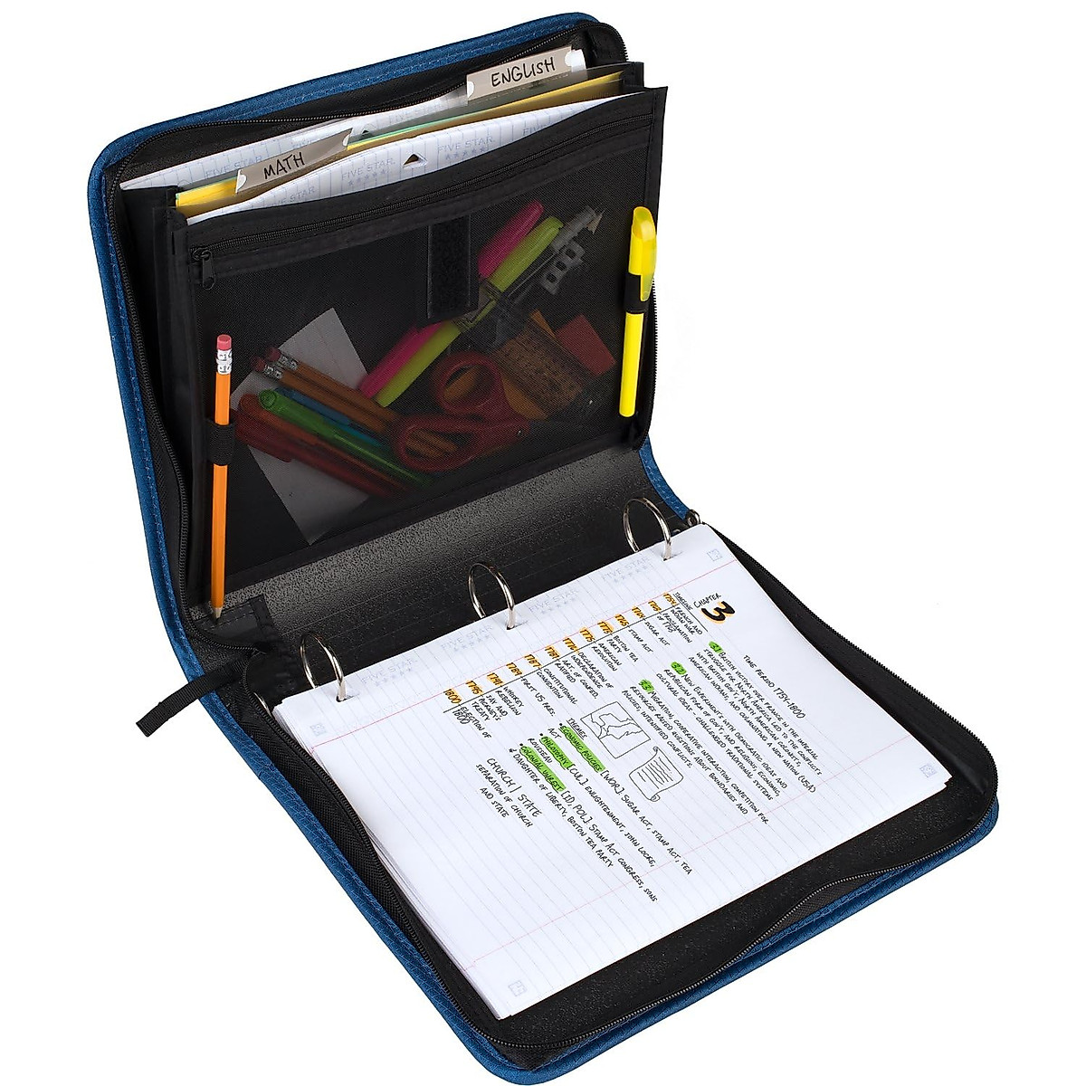 Five Star Zipper Binder, 1-1/2 Inch 3-Ring Binder for School, 3 Pocket Expanding File, 500 Sheet Capacity, Blue (72202)