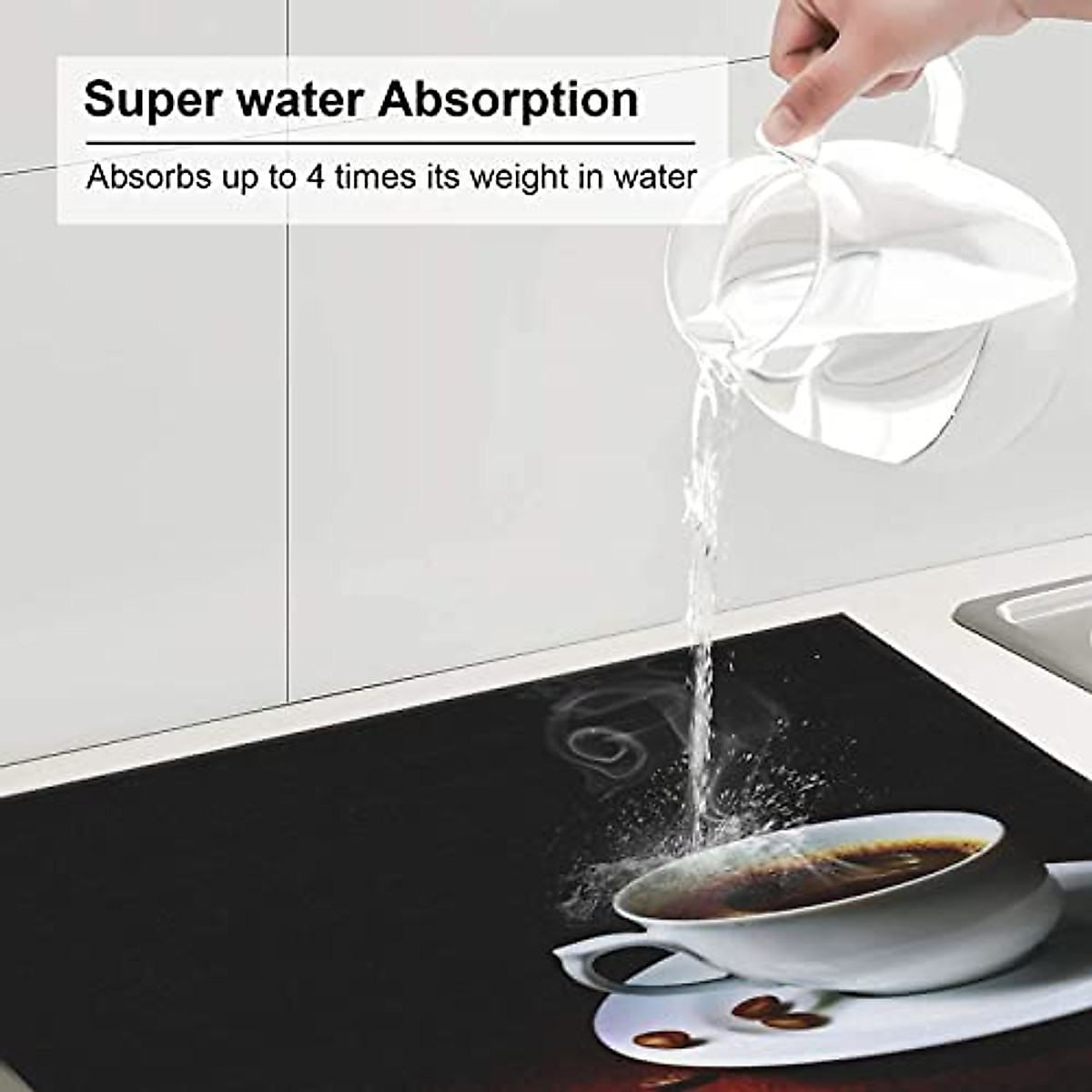 Hot Coffee with Coffee Bean Printed Drying Mat For Kitchen Ultra Absorbent Microfiber Dishes Drainer Mats Non-Slip Silicone Quick Dry Pad - 18 X 16inch
