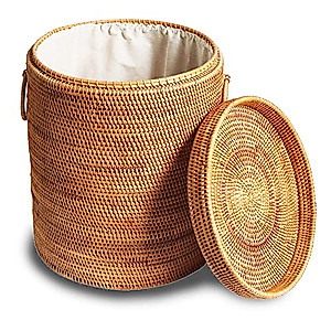 HQT Rattan Laundry Hampers, Premium Honey Brown Round Hand Woven Rattan Hamper, Waste Basket with Cotton Liner, Lid and Handle for Bedroom Living Room Bathroom Basket for Dry and Organic Waste