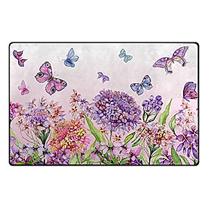 ZZAEO Purple Flowers and Butterfly Area Rug Polyester Soft Carpet Anti-Slip Floor Mat Rugs for Living Room Dorm Bedroom Home Decor - 60 x 39 inch