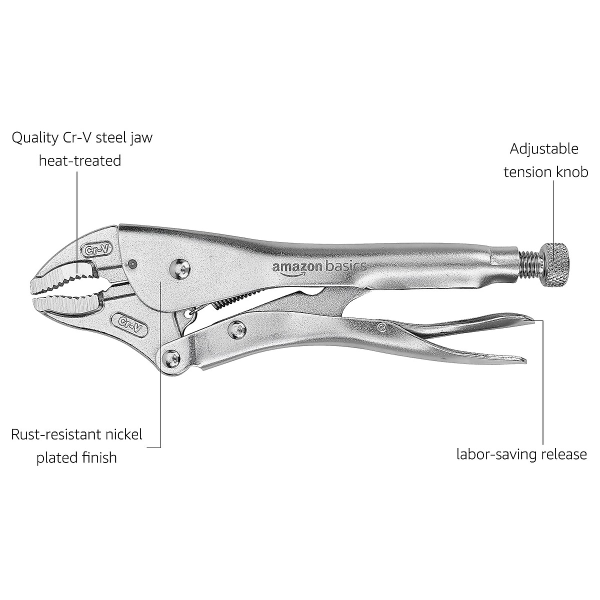 Amazon Basics 5-Piece CR-V Locking Pliers and Wire Cutters Set with Carrying Case, 2 Straight, 3 Curved Jaw, 6.5-10 Inch, Silver
